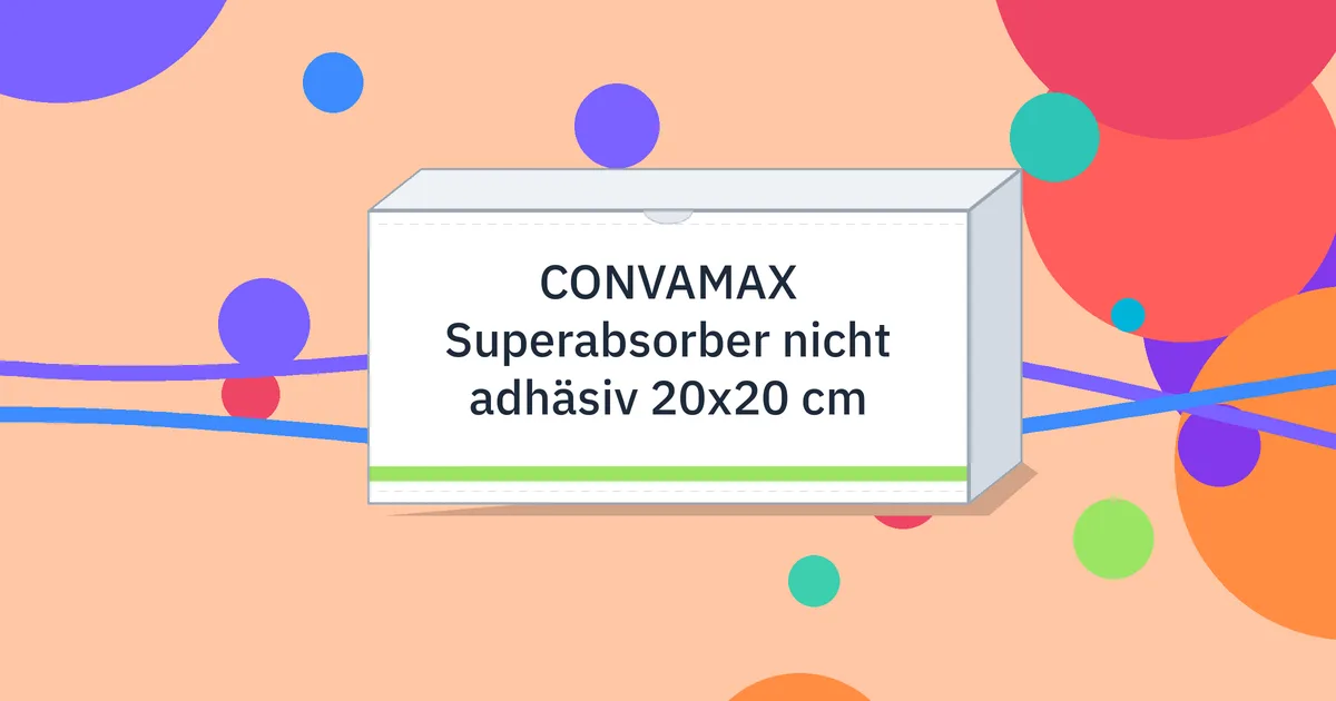 Symbolbild: Packung mit der Aufschrift CONVAMAX Superabsorber nicht adhäsiv 20x20 cm (PZN 15634383) – Verfügbarkeit und Bezug in Apotheken in Frankfurt am Main