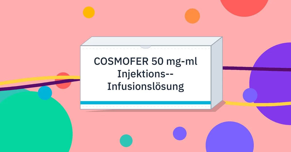 Symbolbild: Packung mit der Aufschrift COSMOFER 50 mg-ml Injektions--Infusionslösung (PZN 11035906) – Verfügbarkeit und Bezug in Apotheken in Frankfurt am Main