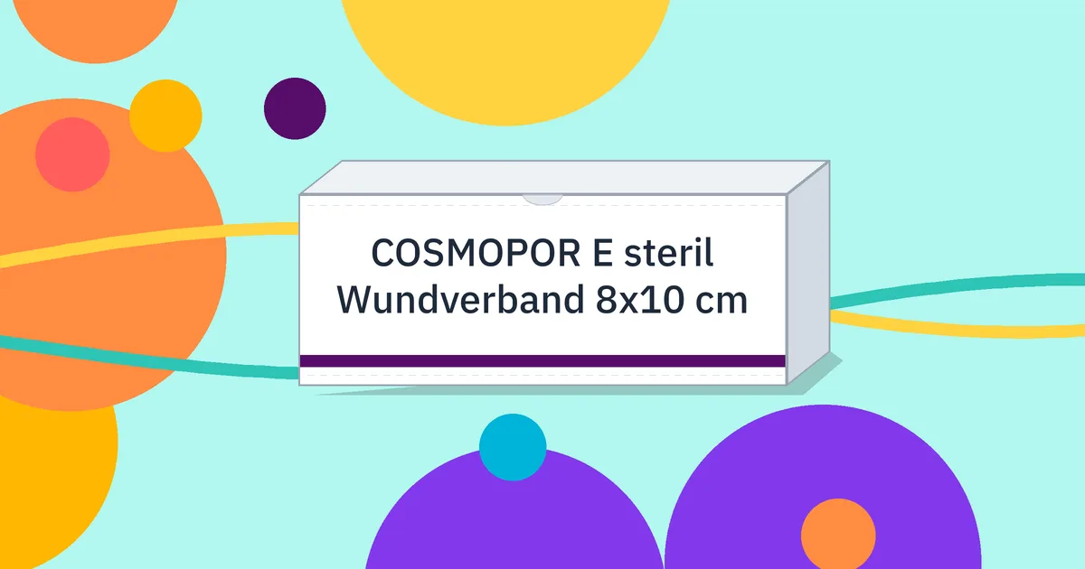 Symbolbild: Packung mit der Aufschrift COSMOPOR E steril Wundverband 8x10 cm (PZN 19520222) – Verfügbarkeit und Bezug in Apotheken in Frankfurt am Main
