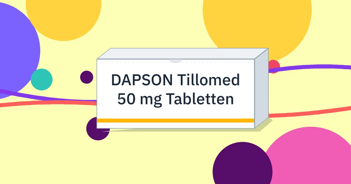 Symbolbild: Packung mit der Aufschrift DAPSON Tillomed 50 mg Tabletten (PZN 14341265) – Verfügbarkeit und Bezug in Apotheken in Frankfurt am Main