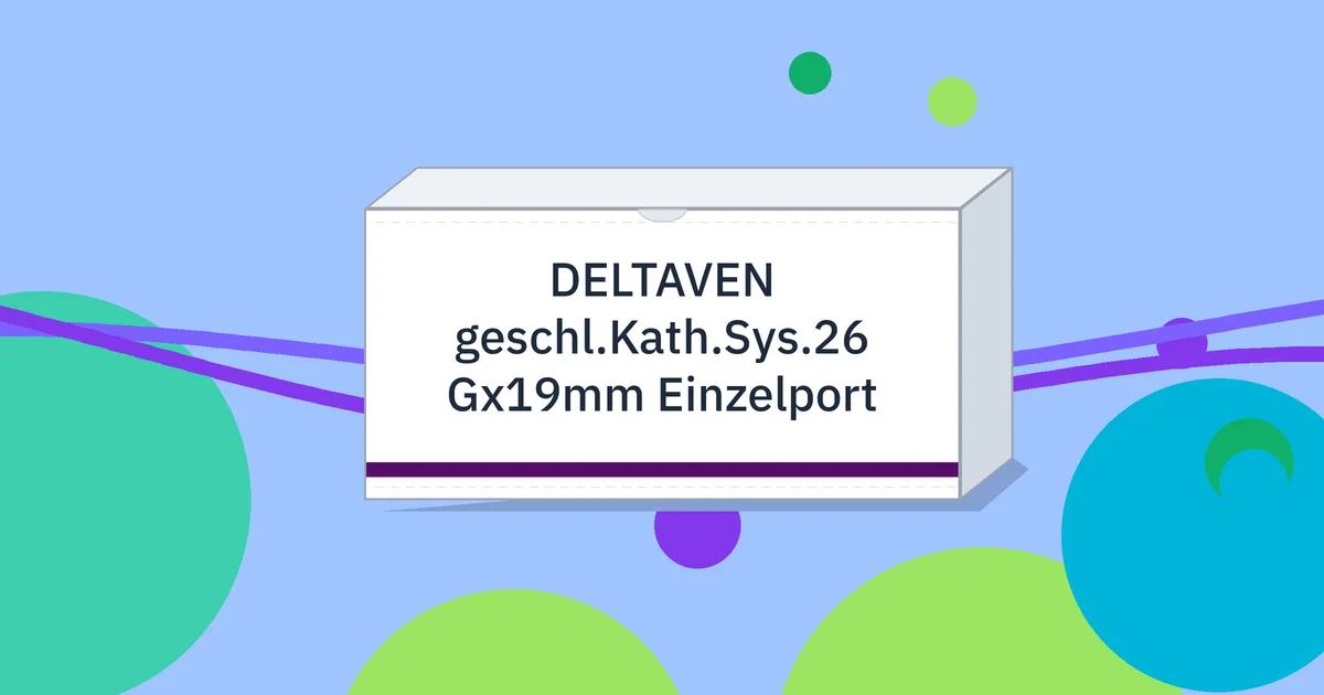 Symbolbild: Packung mit der Aufschrift DELTAVEN geschl.Kath.Sys.26 Gx19mm Einzelport (PZN 13977400) – Verfügbarkeit und Bezug in Apotheken in Frankfurt am Main