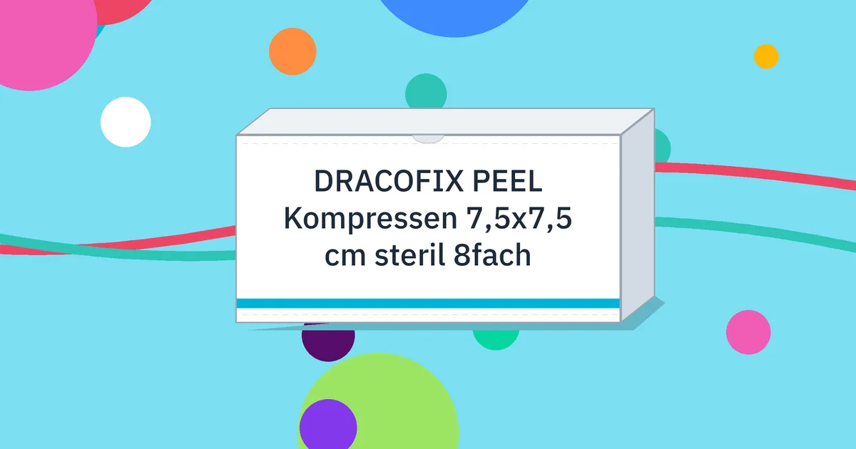 Symbolbild: Packung mit der Aufschrift DRACOFIX PEEL Kompressen 7,5x7,5 cm steril 8fach (PZN 03388105) – Verfügbarkeit und Bezug in Apotheken in Frankfurt am Main