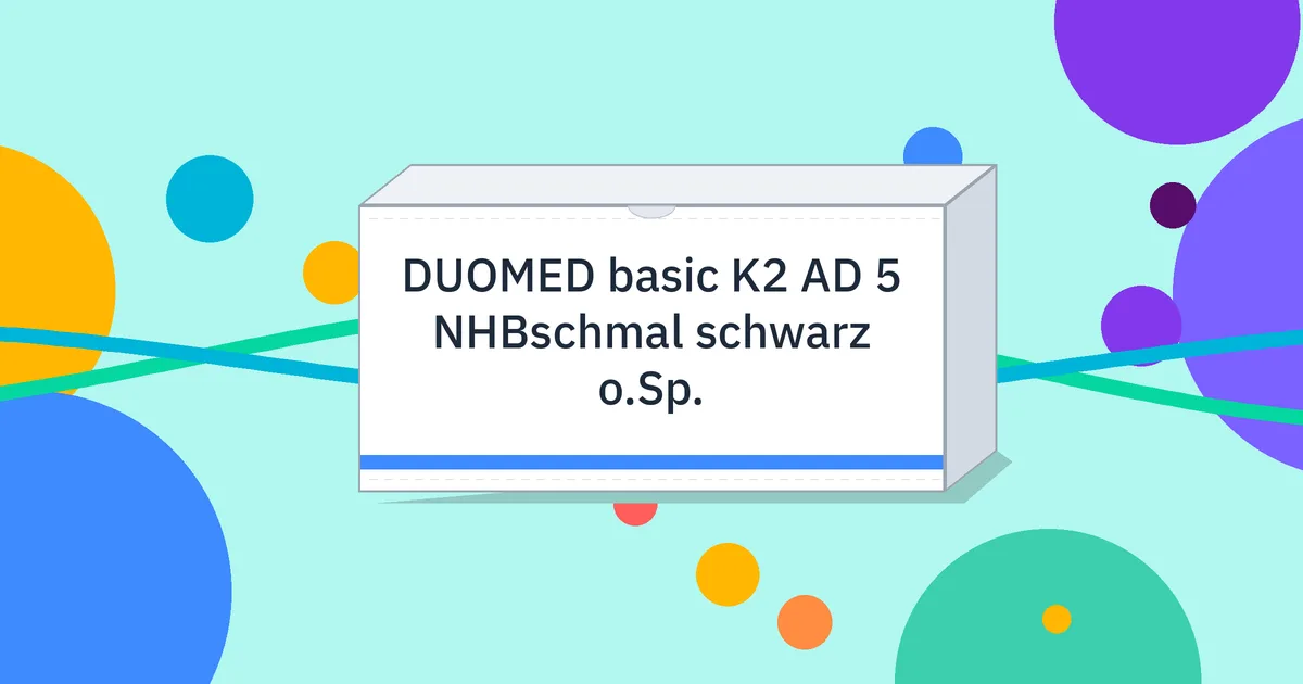 Symbolbild: Packung mit der Aufschrift DUOMED basic K2 AD 5 NHBschmal schwarz o.Sp. (PZN 20907156) – Verfügbarkeit und Bezug in Apotheken in Frankfurt am Main