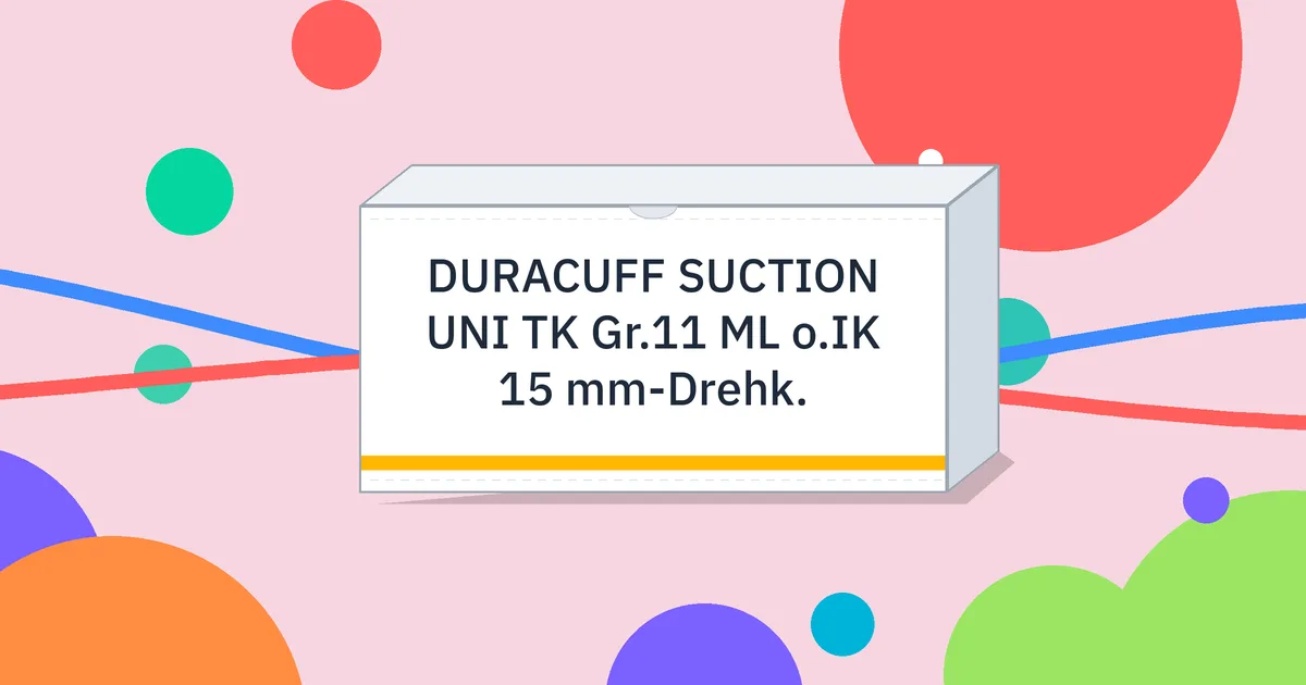 Symbolbild: Packung mit der Aufschrift DURACUFF SUCTION UNI TK Gr.11 ML o.IK 15 mm-Drehk. (PZN 02701965) – Verfügbarkeit und Bezug in Apotheken in Frankfurt am Main
