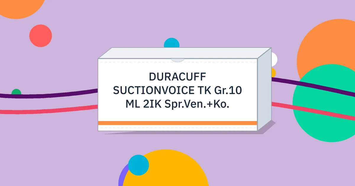 Symbolbild: Packung mit der Aufschrift DURACUFF SUCTIONVOICE TK Gr.10 ML 2IK Spr.Ven.+Ko. (PZN 04961742) – Verfügbarkeit und Bezug in Apotheken in Frankfurt am Main