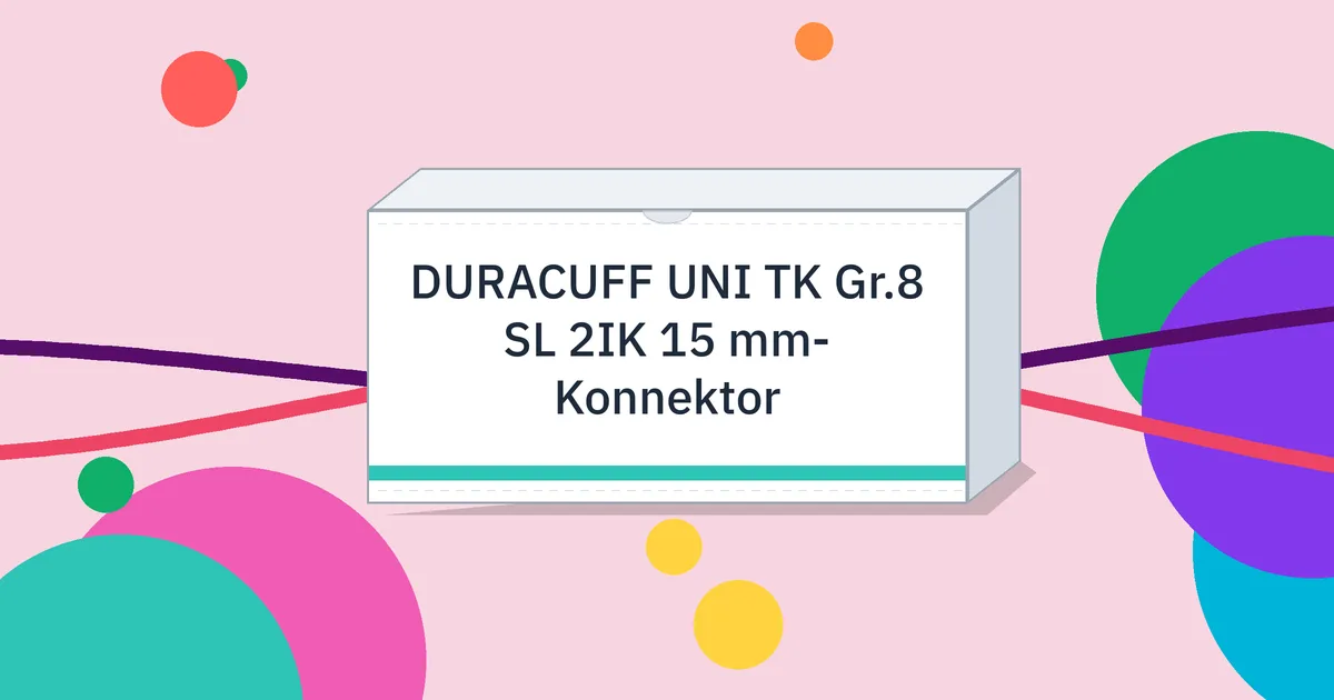 Symbolbild: Packung mit der Aufschrift DURACUFF UNI TK Gr.8 SL 2IK 15 mm-Konnektor (PZN 01220620) – Verfügbarkeit und Bezug in Apotheken in Frankfurt am Main