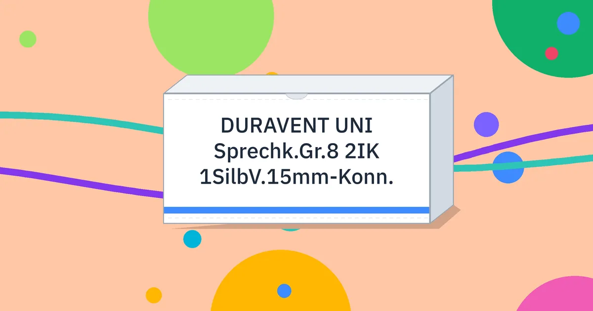 Symbolbild: Packung mit der Aufschrift DURAVENT UNI Sprechk.Gr.8 2IK 1SilbV.15mm-Konn. (PZN 02069332) – Verfügbarkeit und Bezug in Apotheken in Frankfurt am Main