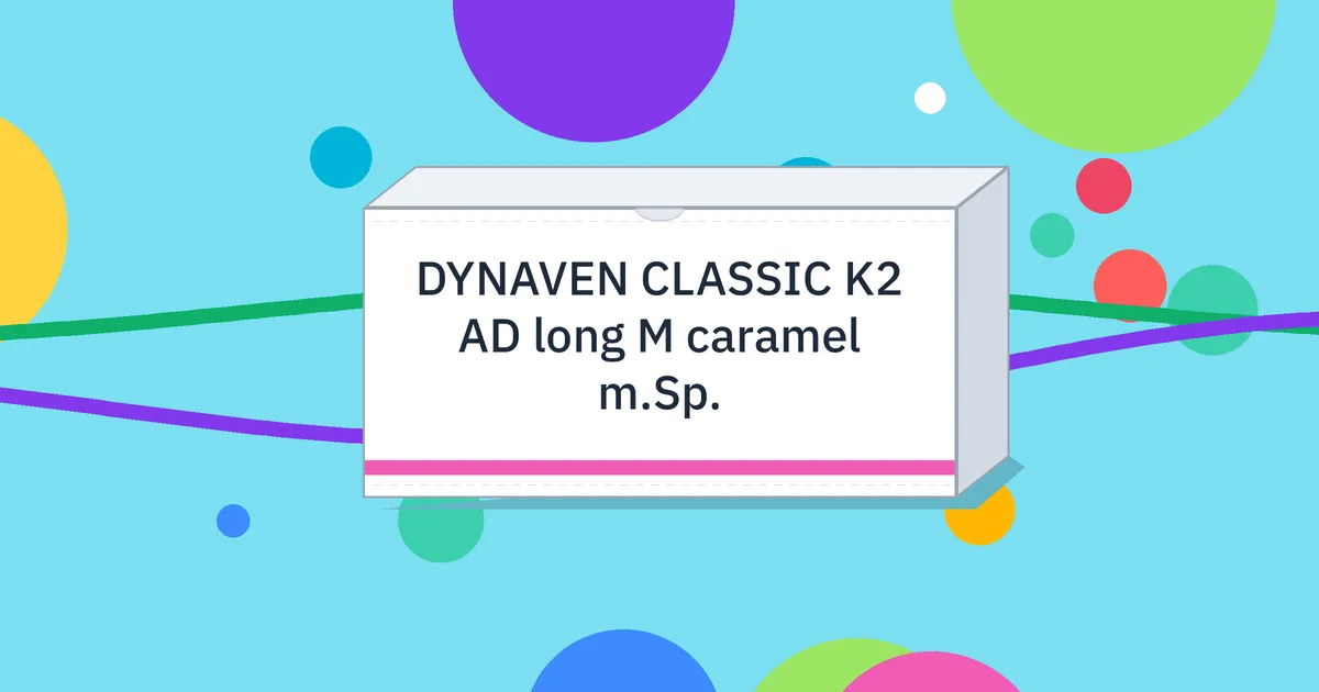 Symbolbild: Packung mit der Aufschrift DYNAVEN CLASSIC K2 AD long M caramel m.Sp. (PZN 18417829) – Verfügbarkeit und Bezug in Apotheken in Frankfurt am Main