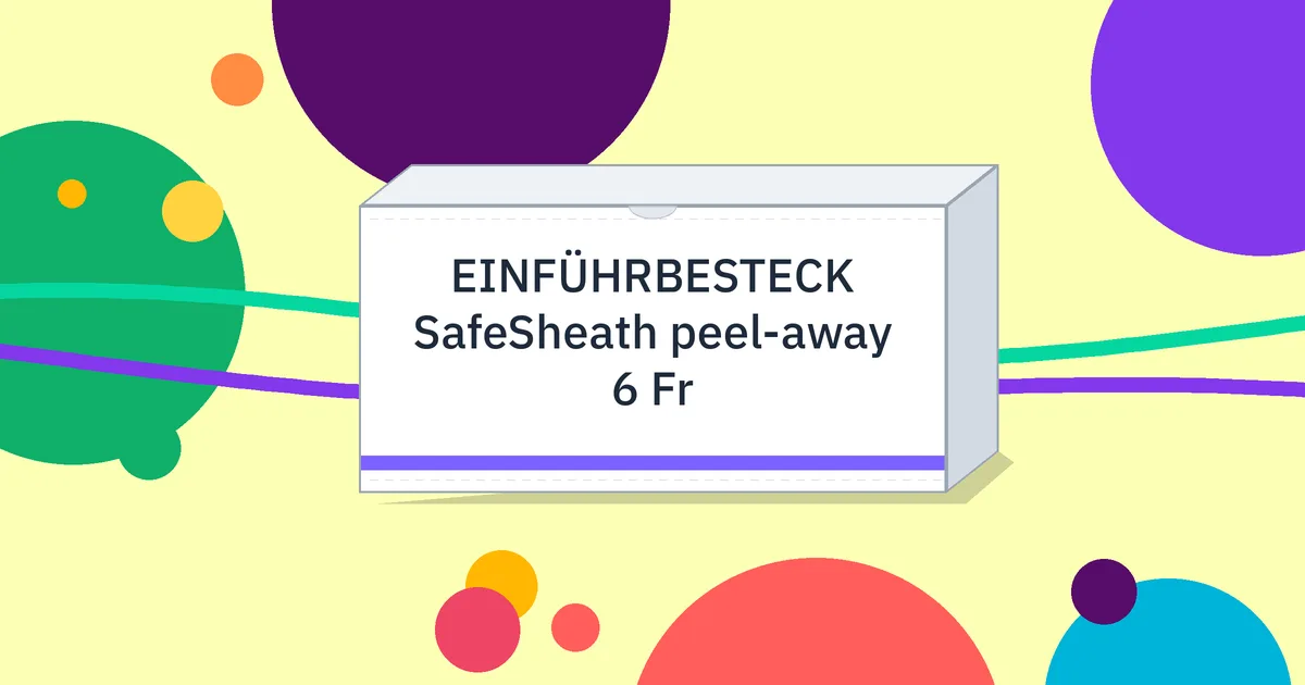 Symbolbild: Packung mit der Aufschrift EINFÜHRBESTECK SafeSheath peel-away 6 Fr (PZN 13574033) – Verfügbarkeit und Bezug in Apotheken in Frankfurt am Main