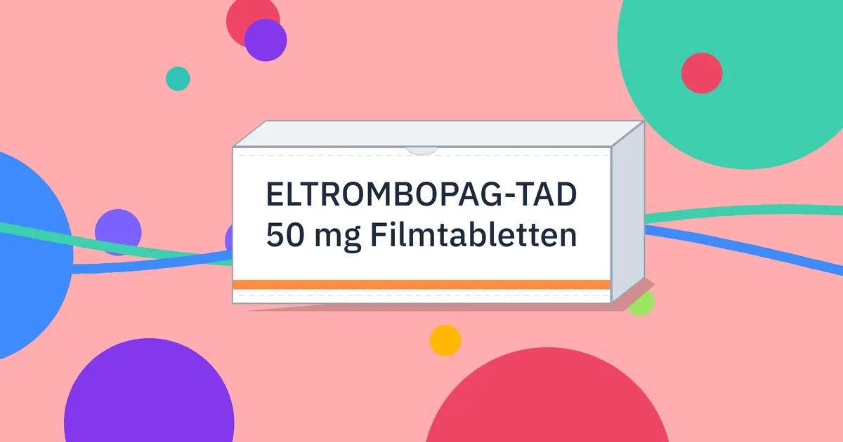 Symbolbild: Packung mit der Aufschrift ELTROMBOPAG-TAD 50 mg Filmtabletten (PZN 19878892) – Verfügbarkeit und Bezug in Apotheken in Frankfurt am Main