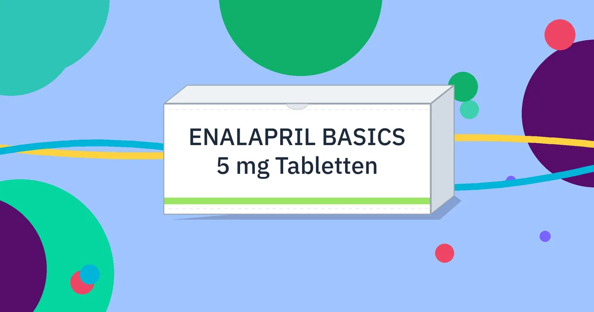 Symbolbild: Packung mit der Aufschrift ENALAPRIL BASICS 5 mg Tabletten (PZN 07129027) – Verfügbarkeit und Bezug in Apotheken in Frankfurt am Main
