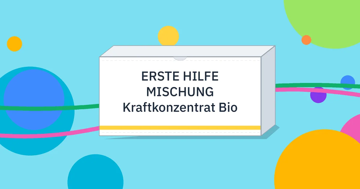 Symbolbild: Packung mit der Aufschrift ERSTE HILFE MISCHUNG Kraftkonzentrat Bio (PZN 17640123) – Verfügbarkeit und Bezug in Apotheken in Frankfurt am Main