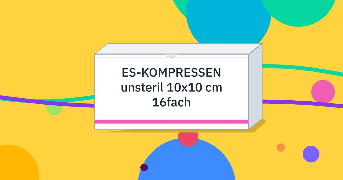 Symbolbild: Packung mit der Aufschrift ES-KOMPRESSEN unsteril 10x10 cm 16fach (PZN 19346801) – Verfügbarkeit und Bezug in Apotheken in Frankfurt am Main