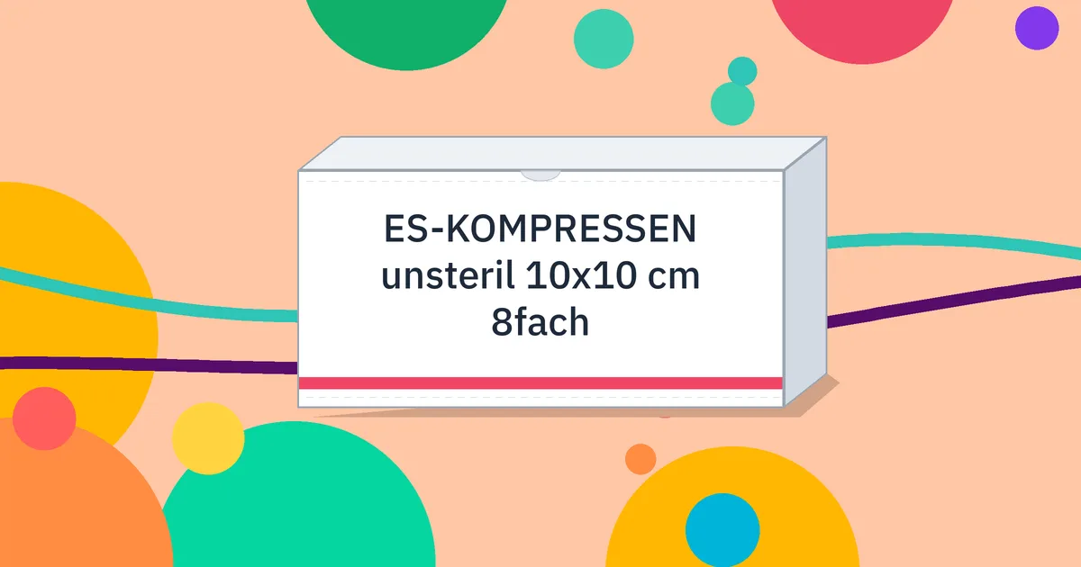Symbolbild: Packung mit der Aufschrift ES-KOMPRESSEN unsteril 10x10 cm 8fach (PZN 19799460) – Verfügbarkeit und Bezug in Apotheken in Frankfurt am Main