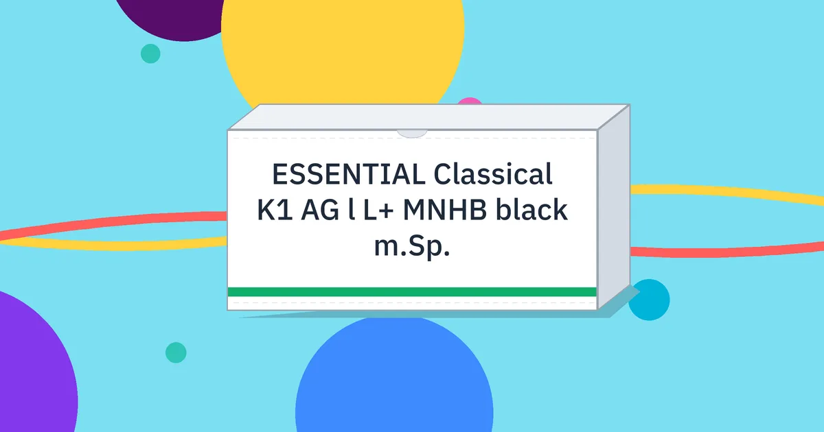 Symbolbild: Packung mit der Aufschrift ESSENTIAL Classical K1 AG l L+ MNHB black m.Sp. (PZN 19321296) – Verfügbarkeit und Bezug in Apotheken in Frankfurt am Main