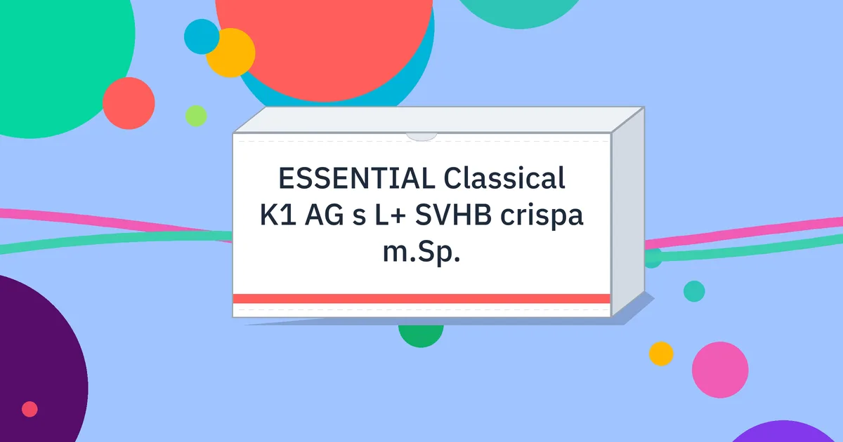 Symbolbild: Packung mit der Aufschrift ESSENTIAL Classical K1 AG s L+ SVHB crispa m.Sp. (PZN 18420903) – Verfügbarkeit und Bezug in Apotheken in Frankfurt am Main