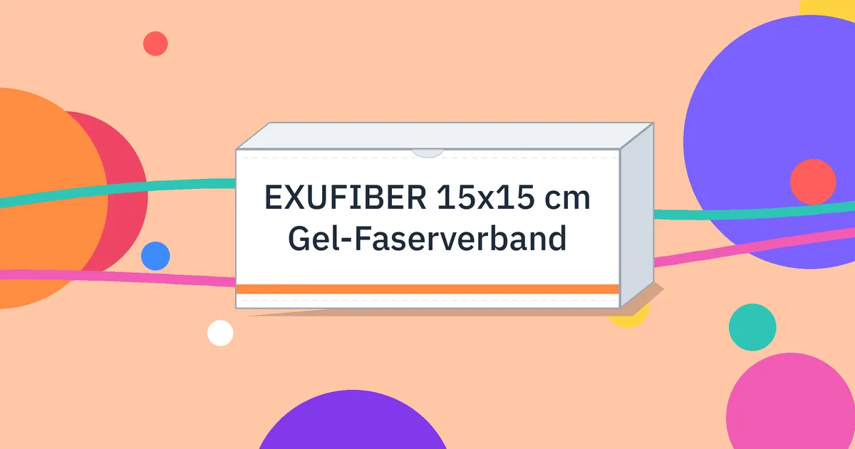 Symbolbild: Packung mit der Aufschrift EXUFIBER 15x15 cm Gel-Faserverband (PZN 18444602) – Verfügbarkeit und Bezug in Apotheken in Frankfurt am Main
