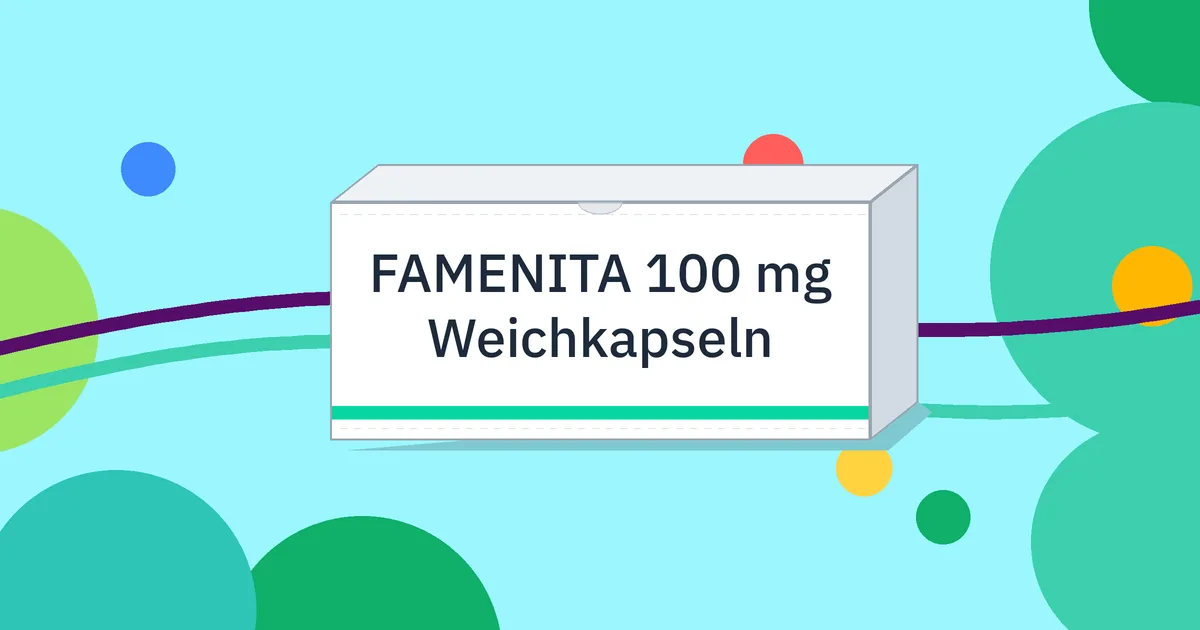 Symbolbild: Packung mit der Aufschrift FAMENITA 100 mg Weichkapseln (PZN 09915184) – Verfügbarkeit und Bezug in Apotheken in Frankfurt am Main