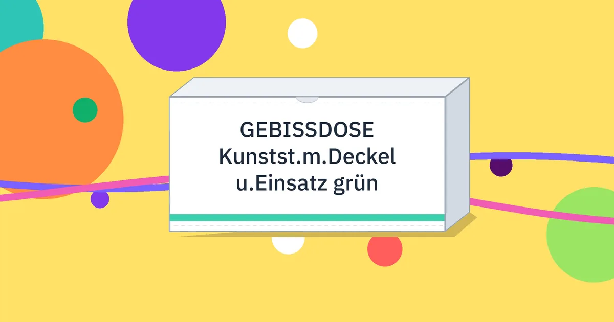 Symbolbild: Packung mit der Aufschrift GEBISSDOSE Kunstst.m.Deckel u.Einsatz grün (PZN 19898038) – Verfügbarkeit und Bezug in Apotheken in Frankfurt am Main
