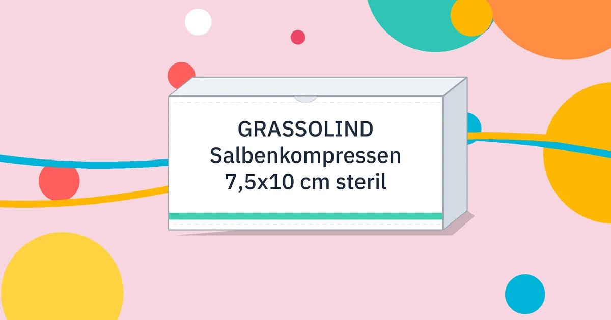 Symbolbild: Packung mit der Aufschrift GRASSOLIND Salbenkompressen 7,5x10 cm steril (PZN 03245653) – Verfügbarkeit und Bezug in Apotheken in Frankfurt am Main