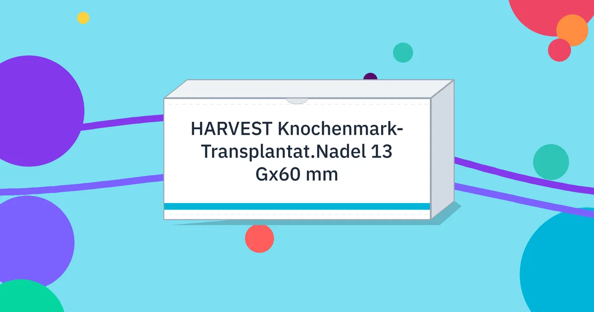 Symbolbild: Packung mit der Aufschrift HARVEST Knochenmark-Transplantat.Nadel 13 Gx60 mm (PZN 16362716) – Verfügbarkeit und Bezug in Apotheken in Frankfurt am Main