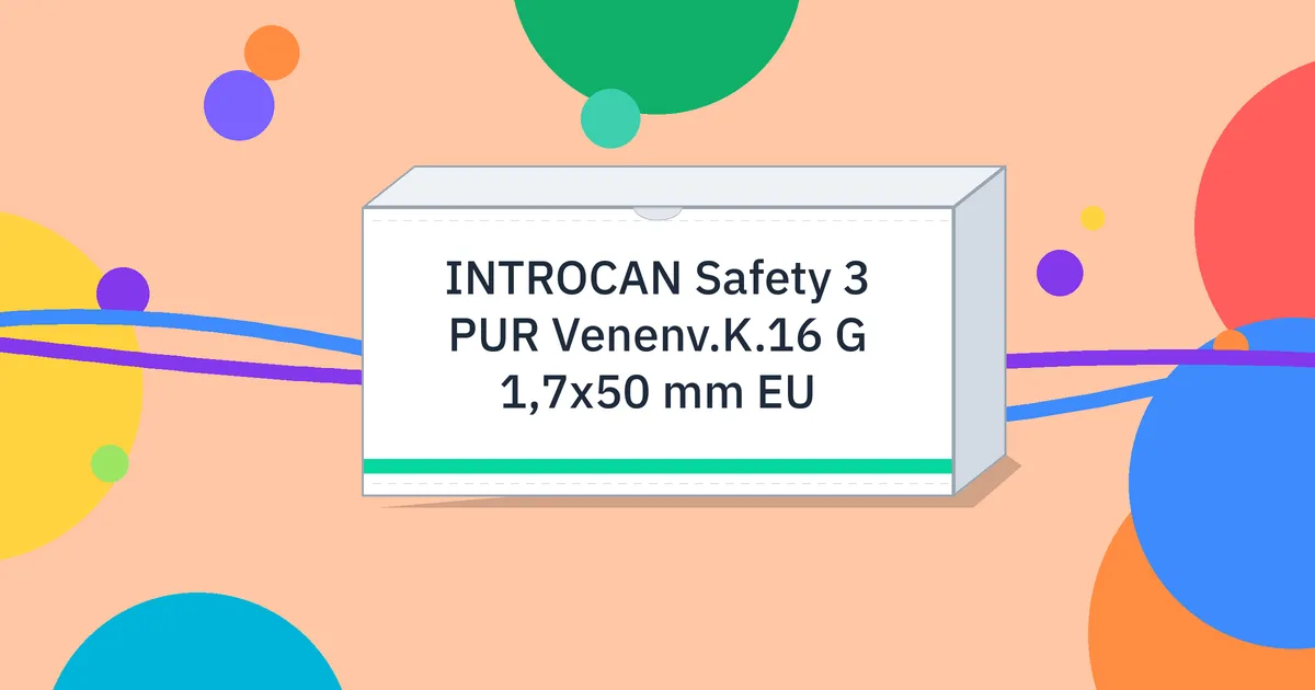 Symbolbild: Packung mit der Aufschrift INTROCAN Safety 3 PUR Venenv.K.16 G 1,7x50 mm EU (PZN 12644211) – Verfügbarkeit und Bezug in Apotheken in Frankfurt am Main