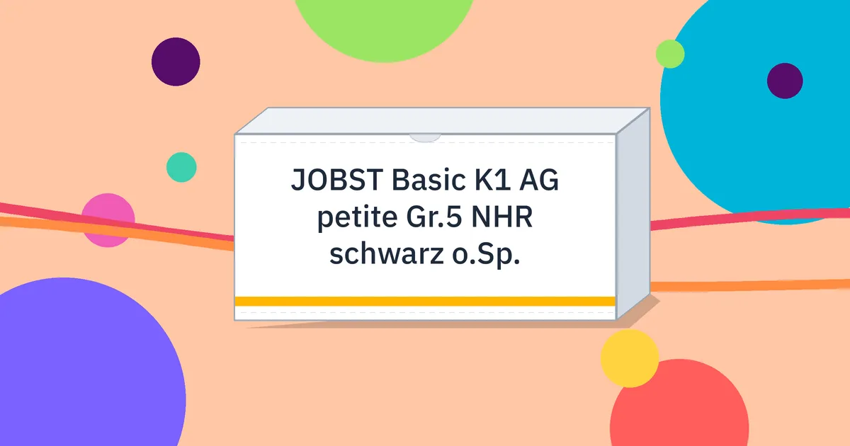 Symbolbild: Packung mit der Aufschrift JOBST Basic K1 AG petite Gr.5 NHR schwarz o.Sp. (PZN 15309513) – Verfügbarkeit und Bezug in Apotheken in Frankfurt am Main