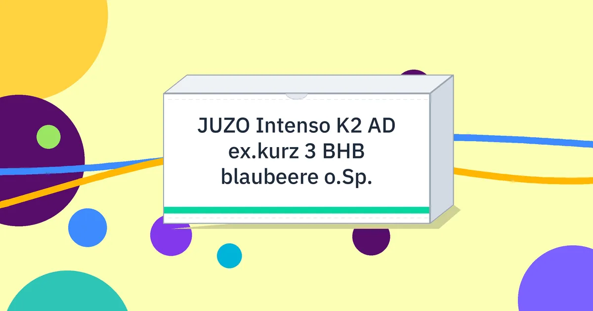 Symbolbild: Packung mit der Aufschrift JUZO Intenso K2 AD ex.kurz 3 BHB blaubeere o.Sp. (PZN 18625686) – Verfügbarkeit und Bezug in Apotheken in Frankfurt am Main