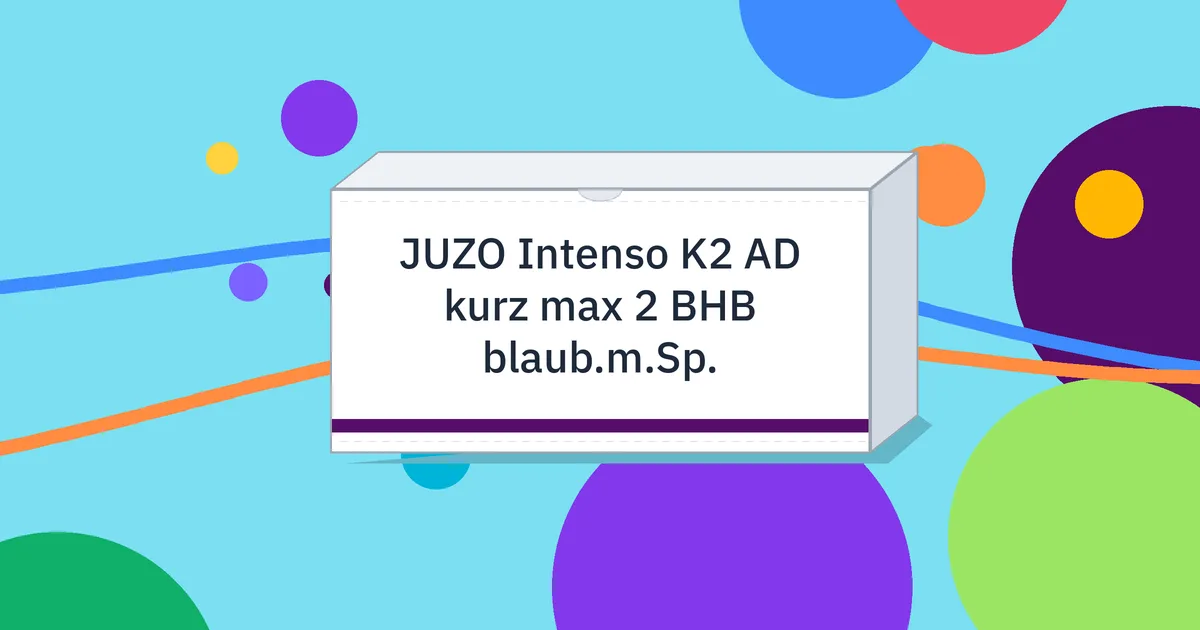 Symbolbild: Packung mit der Aufschrift JUZO Intenso K2 AD kurz max 2 BHB blaub.m.Sp. (PZN 18615742) – Verfügbarkeit und Bezug in Apotheken in Frankfurt am Main