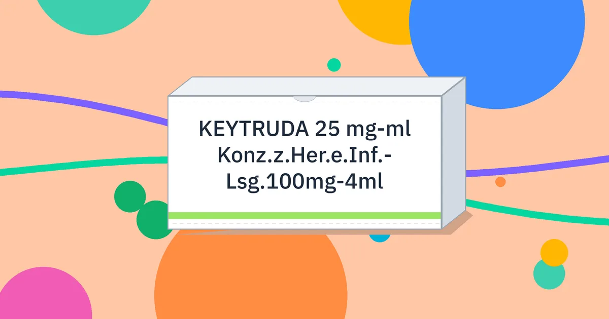 Symbolbild: Packung mit der Aufschrift KEYTRUDA 25 mg-ml Konz.z.Her.e.Inf.-Lsg.100mg-4ml (PZN 10749897) – Verfügbarkeit und Bezug in Apotheken in Frankfurt am Main