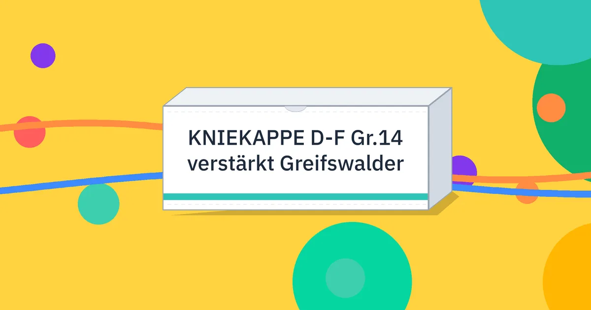 Symbolbild: Packung mit der Aufschrift KNIEKAPPE D-F Gr.14 verstärkt Greifswalder (PZN 01969832) – Verfügbarkeit und Bezug in Apotheken in Frankfurt am Main