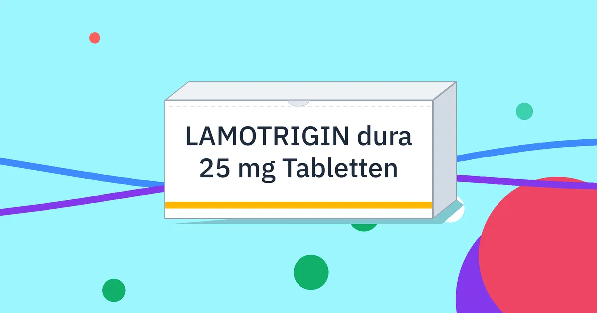Symbolbild: Packung mit der Aufschrift LAMOTRIGIN dura 25 mg Tabletten (PZN 04826748) – Verfügbarkeit und Bezug in Apotheken in Frankfurt am Main