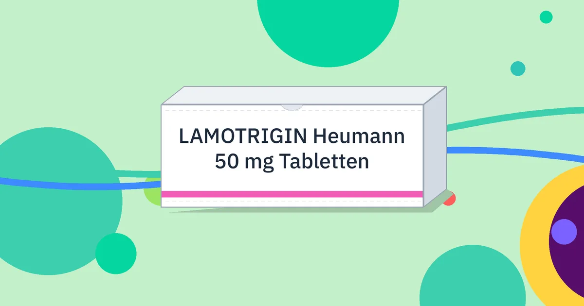 Symbolbild: Packung mit der Aufschrift LAMOTRIGIN Heumann 50 mg Tabletten (PZN 03886174) – Verfügbarkeit und Bezug in Apotheken in Frankfurt am Main