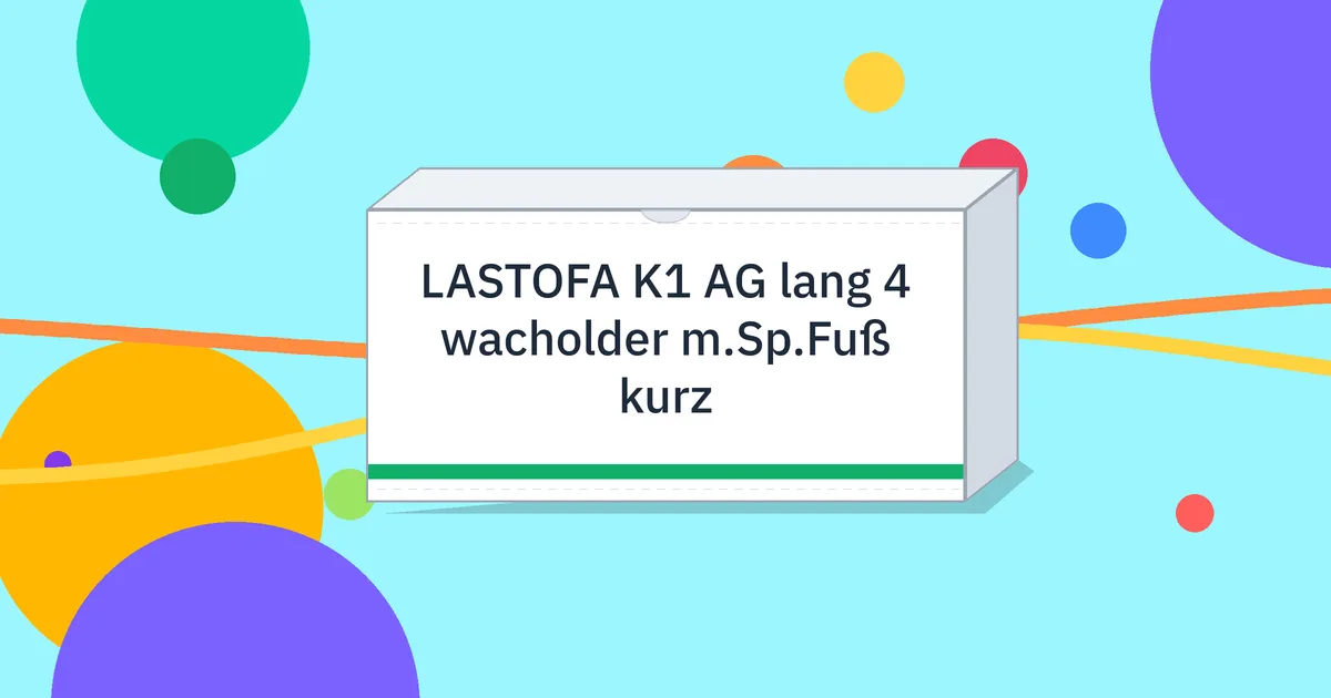 Symbolbild: Packung mit der Aufschrift LASTOFA K1 AG lang 4 wacholder m.Sp.Fuß kurz (PZN 13792103) – Verfügbarkeit und Bezug in Apotheken in Frankfurt am Main