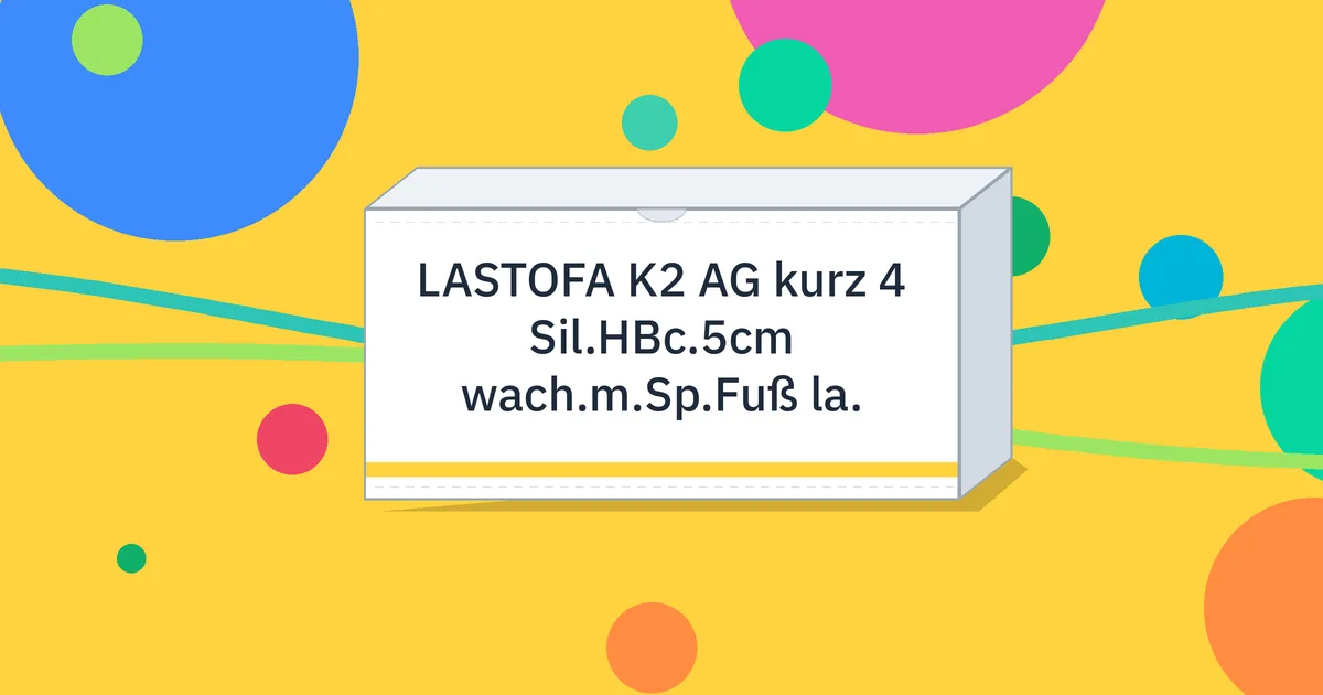 Symbolbild: Packung mit der Aufschrift LASTOFA K2 AG kurz 4 Sil.HBc.5cm wach.m.Sp.Fuß la. (PZN 13805484) – Verfügbarkeit und Bezug in Apotheken in Frankfurt am Main
