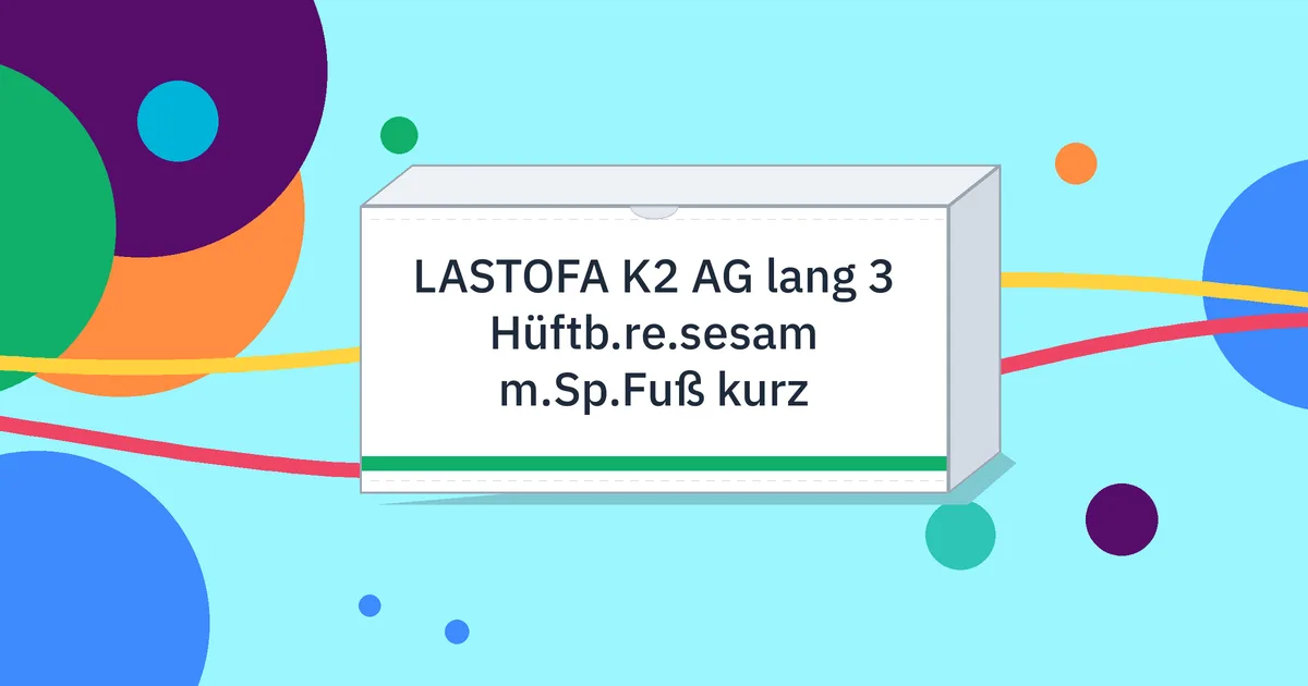 Symbolbild: Packung mit der Aufschrift LASTOFA K2 AG lang 3 Hüftb.re.sesam m.Sp.Fuß kurz (PZN 13811295) – Verfügbarkeit und Bezug in Apotheken in Frankfurt am Main