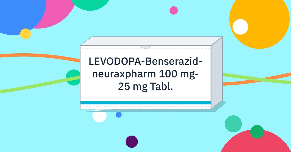 Symbolbild: Packung mit der Aufschrift LEVODOPA-Benserazid-neuraxpharm 100 mg-25 mg Tabl. (PZN 09467691) – Verfügbarkeit und Bezug in Apotheken in Frankfurt am Main