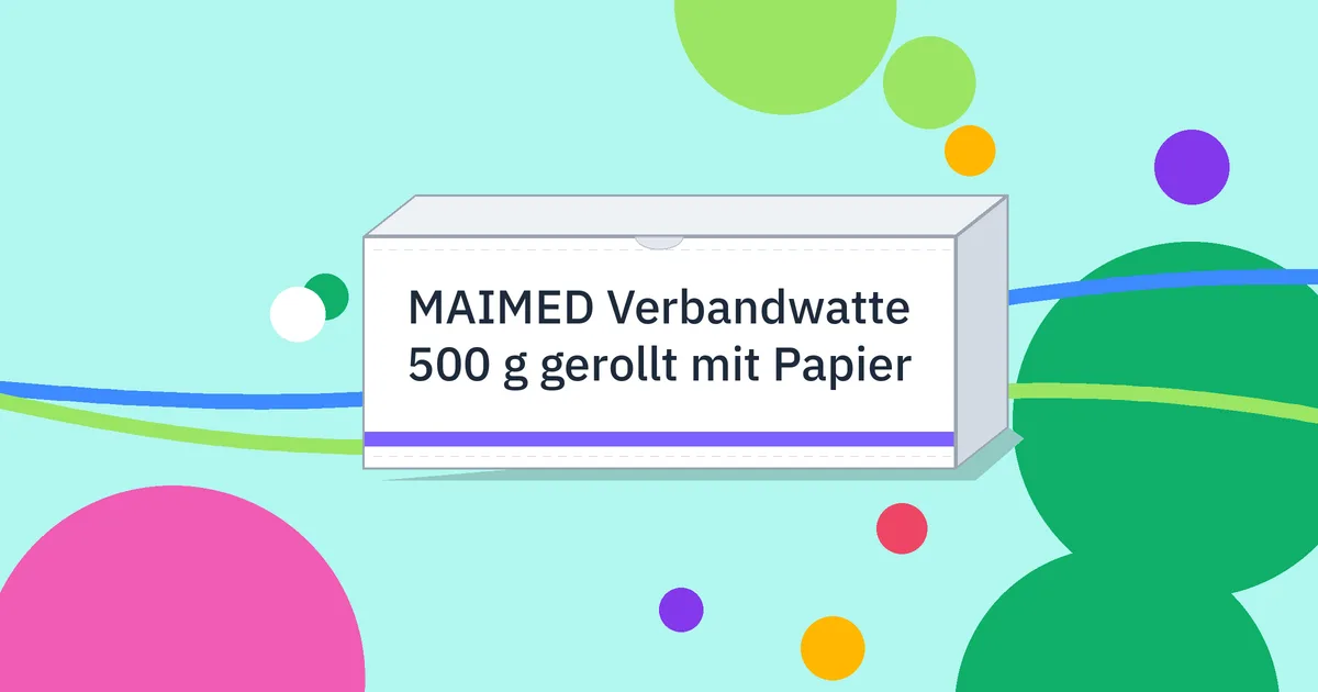 Symbolbild: Packung mit der Aufschrift MAIMED Verbandwatte 500 g gerollt mit Papier (PZN 02072943) – Verfügbarkeit und Bezug in Apotheken in Frankfurt am Main