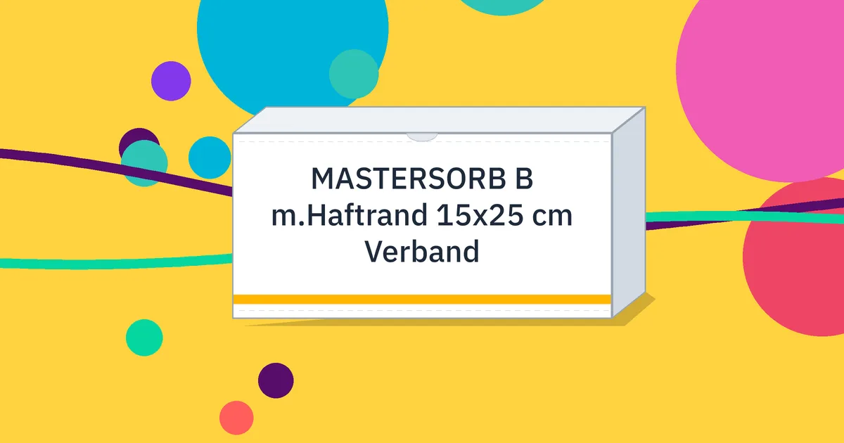 Symbolbild: Packung mit der Aufschrift MASTERSORB B m.Haftrand 15x25 cm Verband (PZN 20390948) – Verfügbarkeit und Bezug in Apotheken in Frankfurt am Main