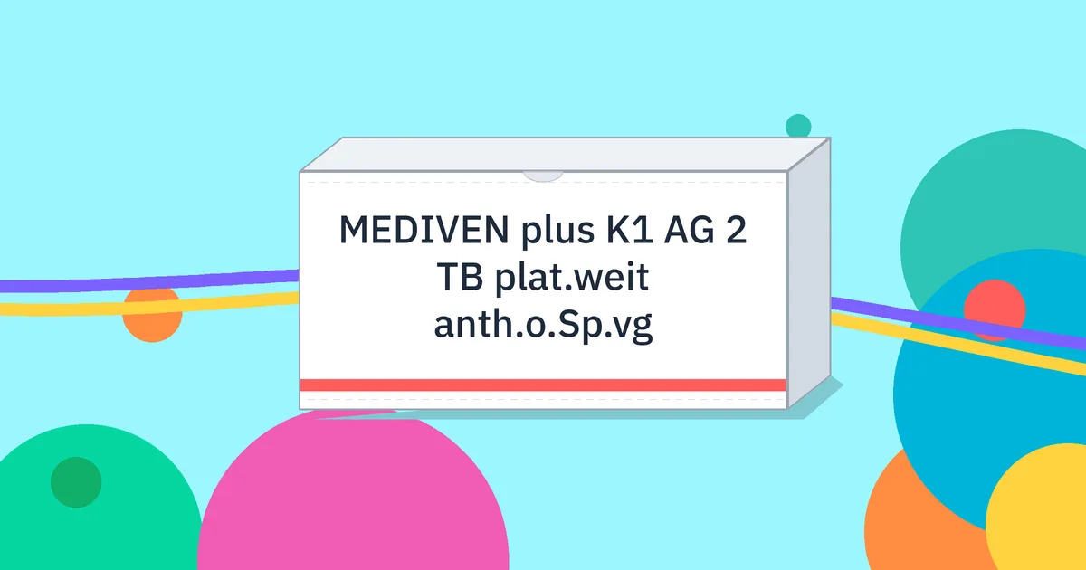 Symbolbild: Packung mit der Aufschrift MEDIVEN plus K1 AG 2 TB plat.weit anth.o.Sp.vg (PZN 15060864) – Verfügbarkeit und Bezug in Apotheken in Frankfurt am Main