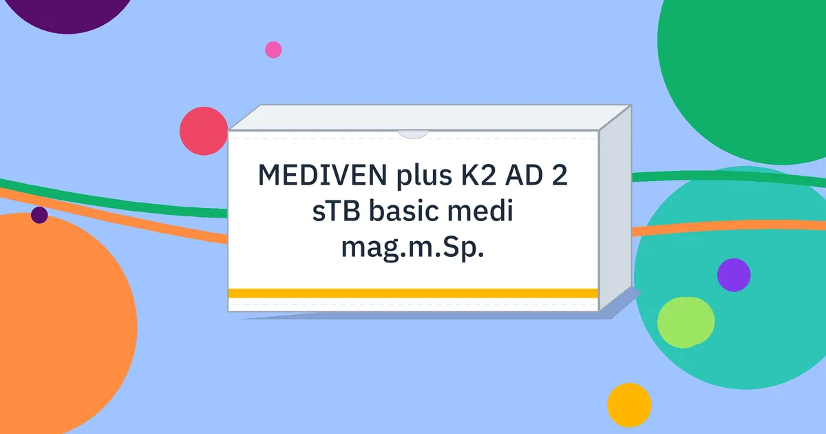 Symbolbild: Packung mit der Aufschrift MEDIVEN plus K2 AD 2 sTB basic medi mag.m.Sp. (PZN 15095928) – Verfügbarkeit und Bezug in Apotheken in Frankfurt am Main