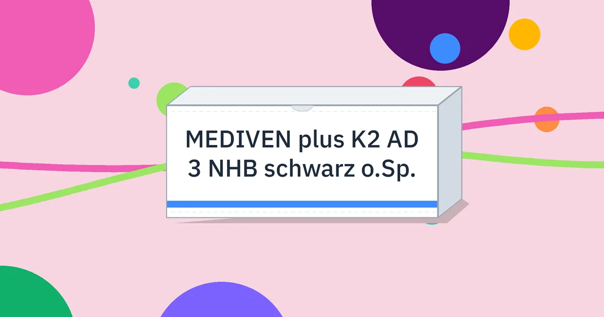Symbolbild: Packung mit der Aufschrift MEDIVEN plus K2 AD 3 NHB schwarz o.Sp. (PZN 15937646) – Verfügbarkeit und Bezug in Apotheken in Frankfurt am Main