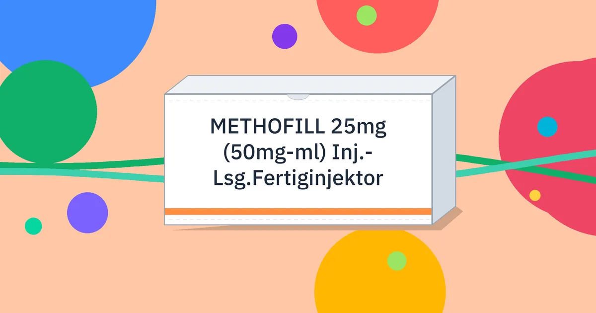 Symbolbild: Packung mit der Aufschrift METHOFILL 25mg (50mg-ml) Inj.-Lsg.Fertiginjektor (PZN 18661021) – Verfügbarkeit und Bezug in Apotheken in Frankfurt am Main