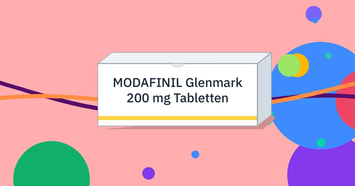 Symbolbild: Packung mit der Aufschrift MODAFINIL Glenmark 200 mg Tabletten (PZN 11323522) – Verfügbarkeit und Bezug in Apotheken in Frankfurt am Main