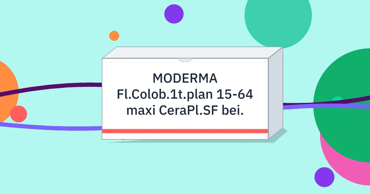 Symbolbild: Packung mit der Aufschrift MODERMA Fl.Colob.1t.plan 15-64 maxi CeraPl.SF bei. (PZN 18108784) – Verfügbarkeit und Bezug in Apotheken in Frankfurt am Main