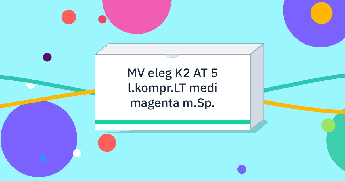 Symbolbild: Packung mit der Aufschrift MV eleg K2 AT 5 l.kompr.LT medi magenta m.Sp. (PZN 15285646) – Verfügbarkeit und Bezug in Apotheken in Frankfurt am Main