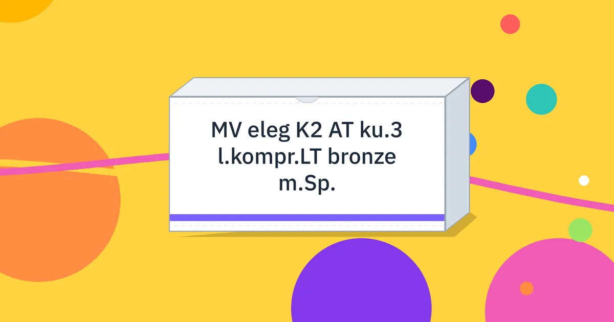 Symbolbild: Packung mit der Aufschrift MV eleg K2 AT ku.3 l.kompr.LT bronze m.Sp. (PZN 15287415) – Verfügbarkeit und Bezug in Apotheken in Frankfurt am Main
