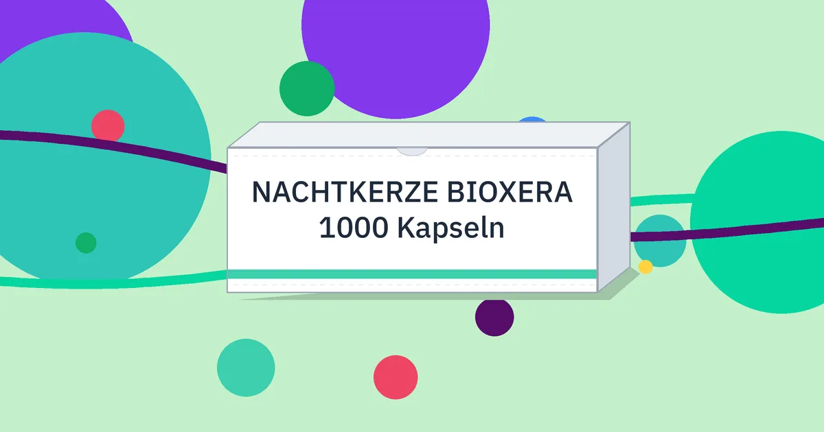 Symbolbild: Packung mit der Aufschrift NACHTKERZE BIOXERA 1000 Kapseln (PZN 08921604) – Verfügbarkeit und Bezug in Apotheken in Frankfurt am Main