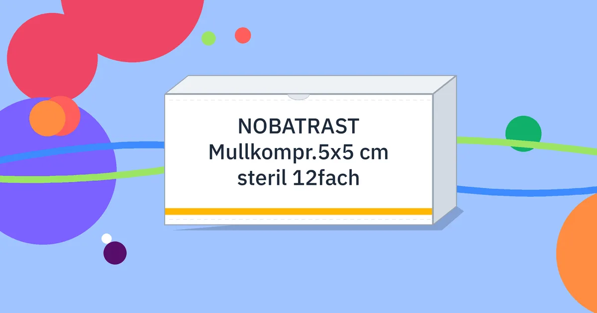 Symbolbild: Packung mit der Aufschrift NOBATRAST Mullkompr.5x5 cm steril 12fach (PZN 08848913) – Verfügbarkeit und Bezug in Apotheken in Frankfurt am Main