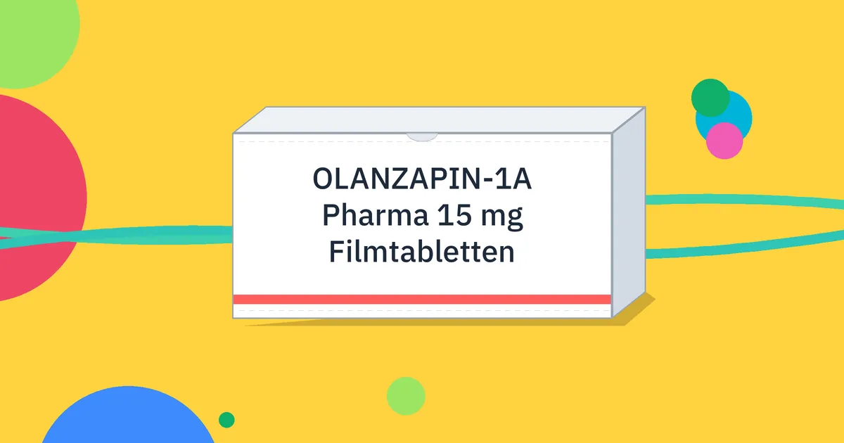 Symbolbild: Packung mit der Aufschrift OLANZAPIN-1A Pharma 15 mg Filmtabletten (PZN 09064177) – Verfügbarkeit und Bezug in Apotheken in Frankfurt am Main
